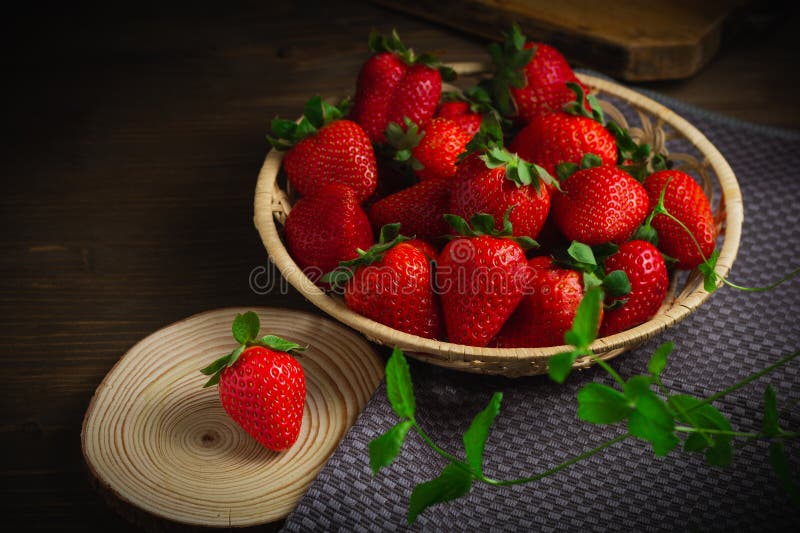 Juicy Organic Strawberries on Gray Tablecloth with Copy Space on ...