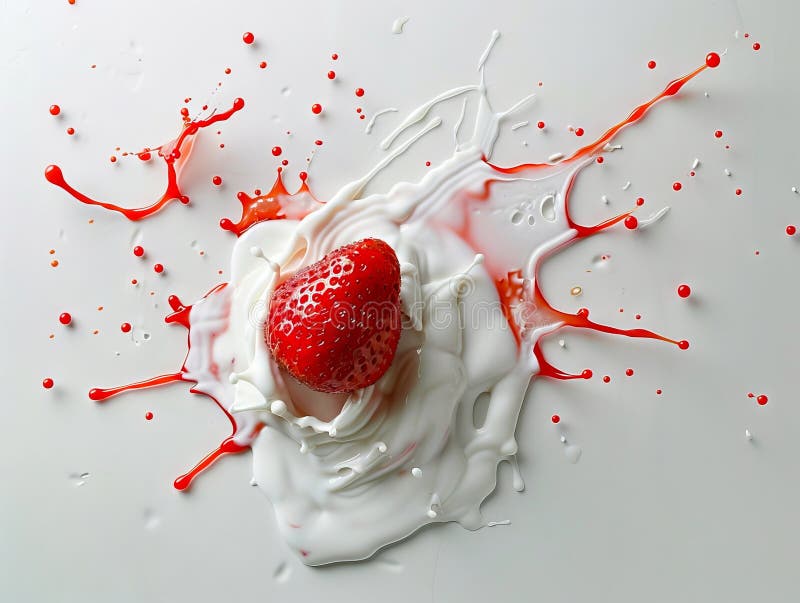 A Strawberry is Being Splashed with White and Red Liquid Stock Photo ...