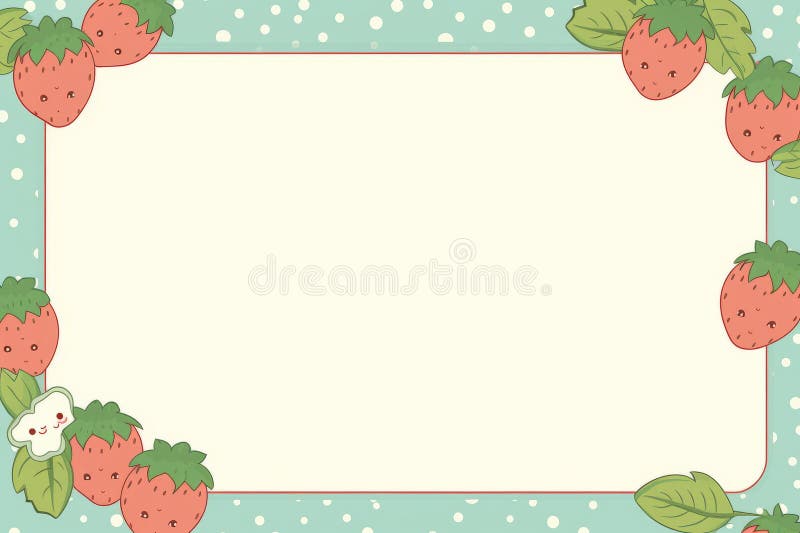 Strawberry Border Frame with Cute Kawaii Characters Vector Illustration ...