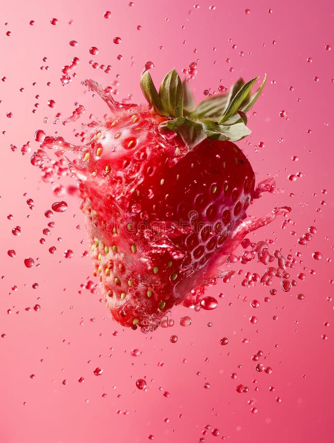 Strawberry Bursting in Mid-air Against a Pink Gradient Background, AI ...