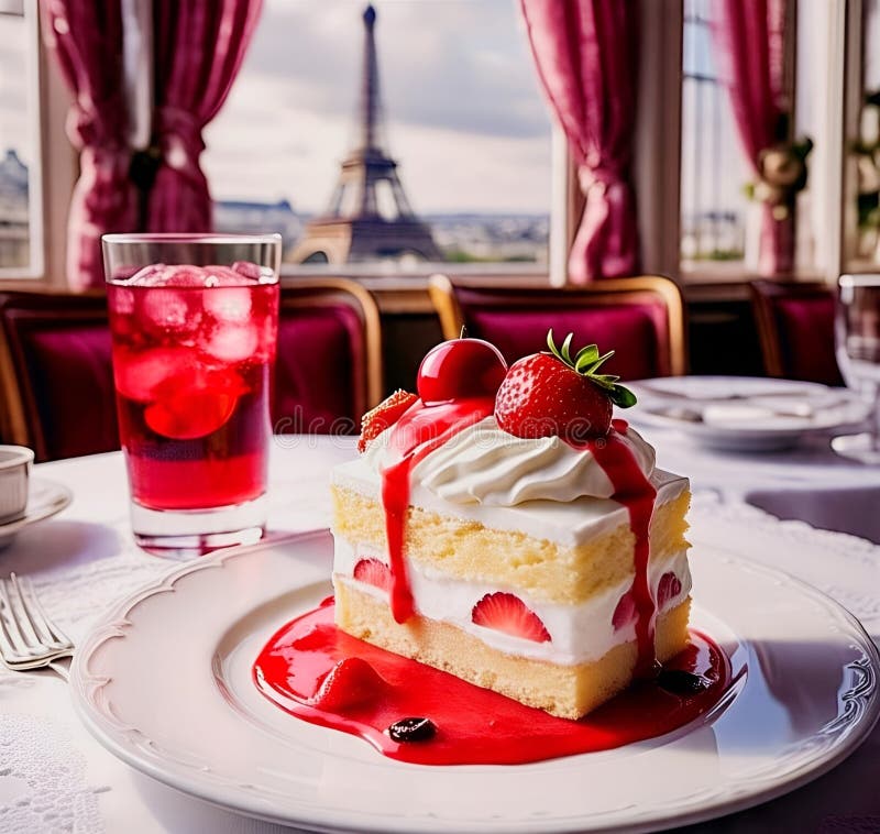 Strawberry Cake with Cherries and Red Cocktail in a Parisian Café ...