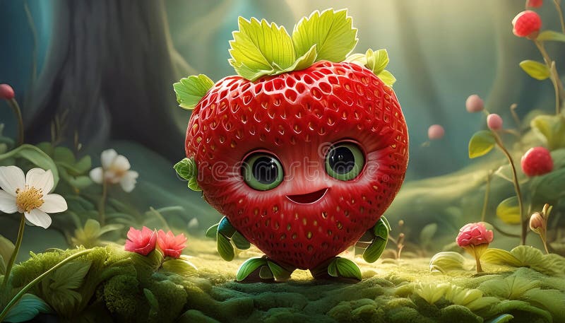 Strawberry Cartoon Character in Forest Stock Illustration ...