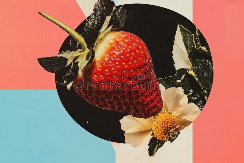 Strawberry Collage with Floral Patterns and Geometric Backgrounds Stock ...