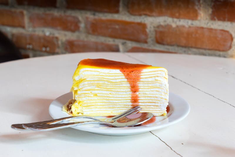 Strawberry Crape Cake on White Dish Lay on Round Table Stock Image ...