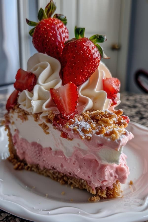 Strawberry Crunch Cheesecake Slice with Pink Cream Icing. Stock ...