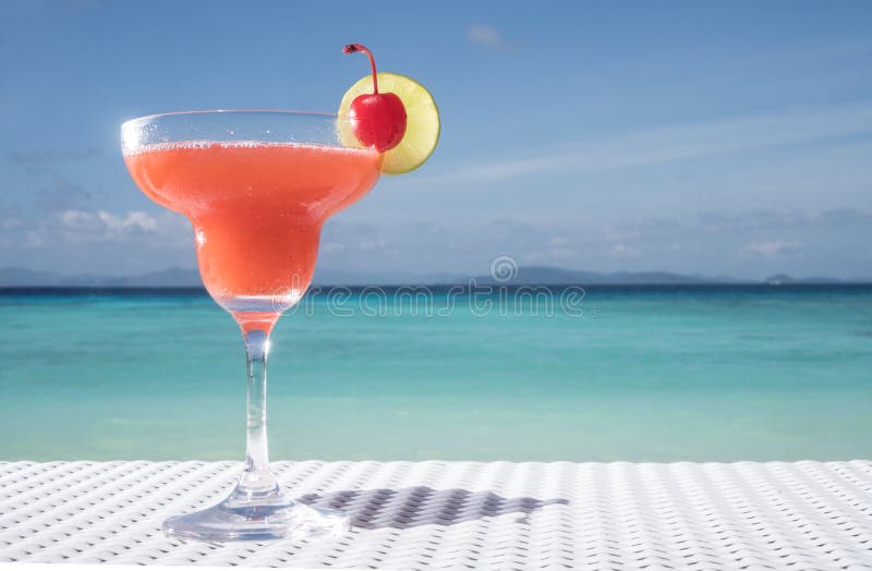 Strawberry Daiquiri Cocktail On The Table At The Beach Restaurant Stock