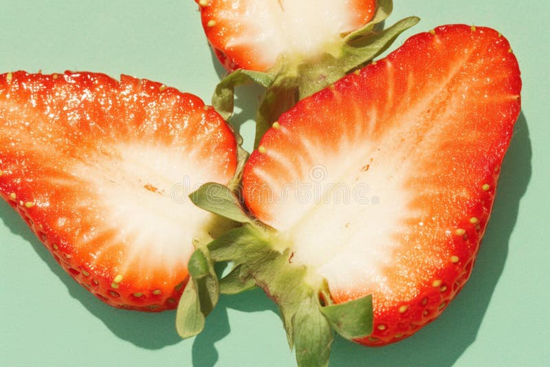 Strawberry Delight Cut in Half with Core on Vibrant Green Stock ...