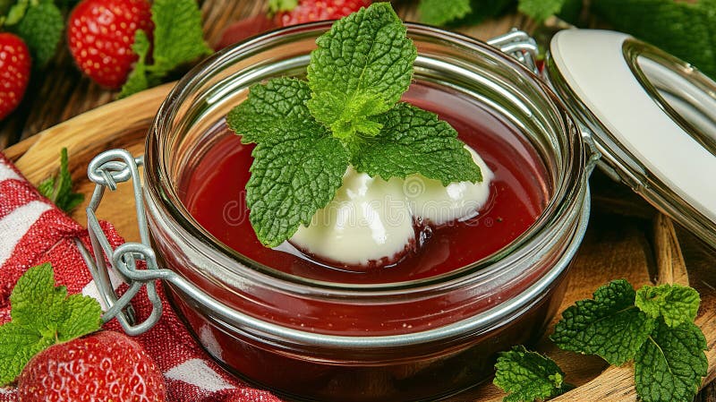 Strawberry Dessert, Mint Garnish, Rustic Wood, Summer Stock Photo ...