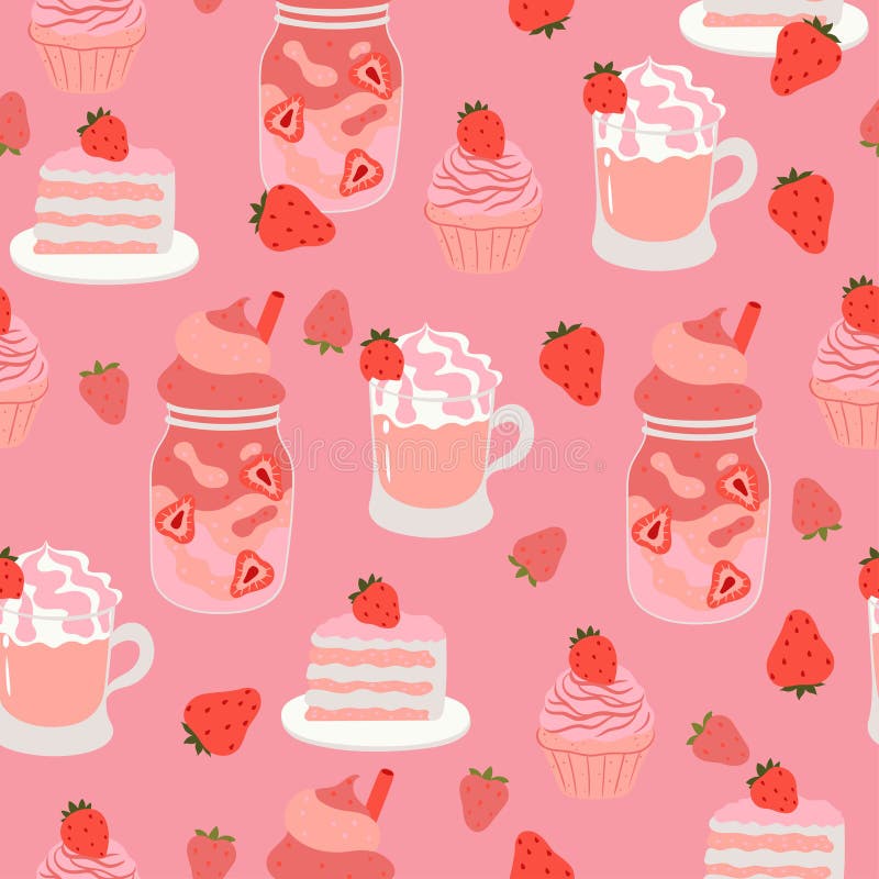 Strawberry Desserts in Pink Colors Seamless Pattern. Vector Graphics ...