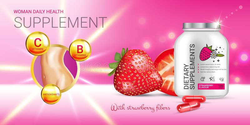 Strawberry Dietary Supplement Ads. Vector Illustration with Supplement ...