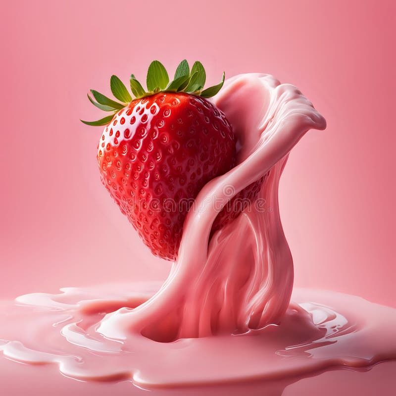 A Strawberry Dropping into Creamy Strawberry Milk, Causing a Splash of ...