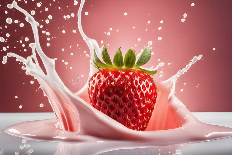 A Strawberry is Falling into a Strawberry Milk Liquid Stock ...