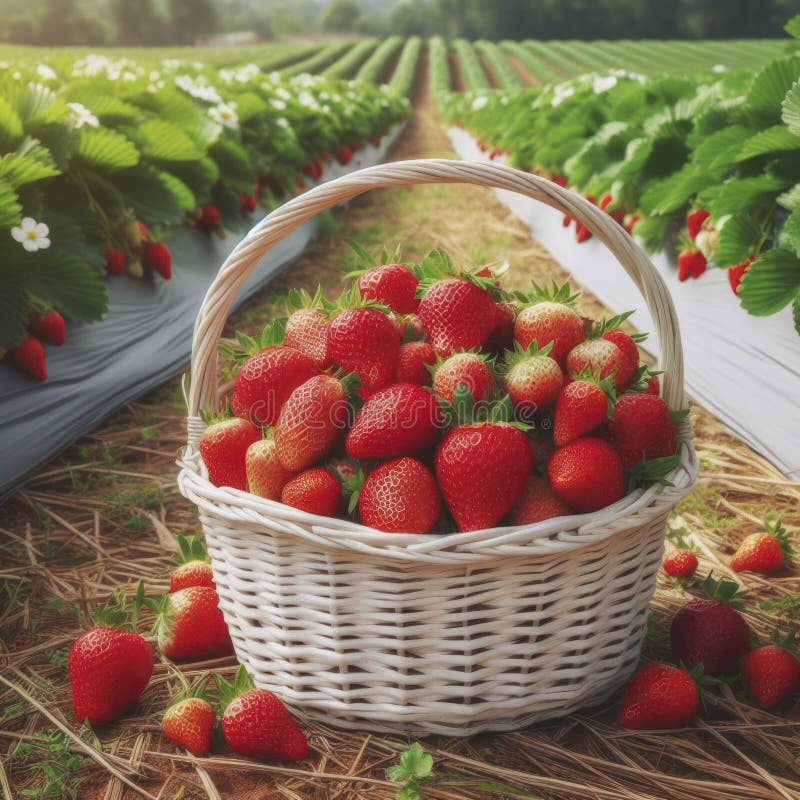 Strawberry Field on Fruit Farm. Fresh Ripe Strawberry in White Basket ...