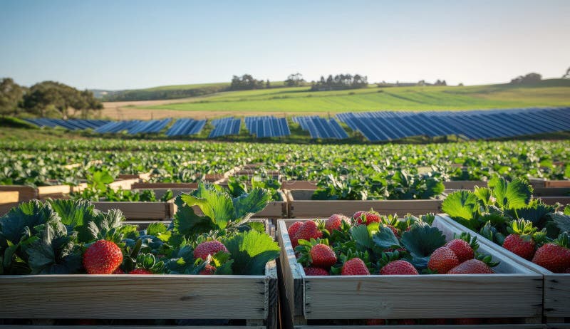 Strawberry Farm with Solar Panels Stock Illustration - Illustration of ...