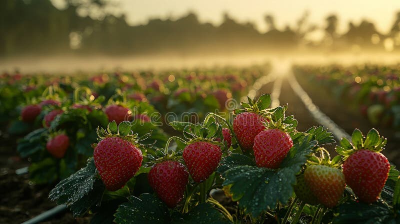 Strawberry Field at Sunrise Stock Image - Image of field, ripe: 374221867