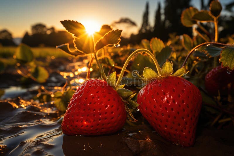 Strawberry Fields on a Ripe Fruit Bottom Farm Stock Illustration ...