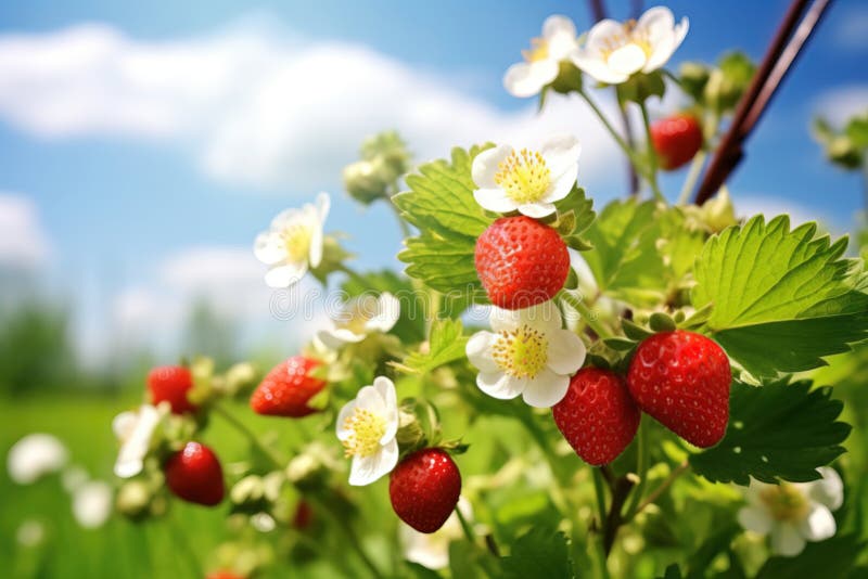 Strawberry Flowers and Berries in the Spring Stock Illustration ...