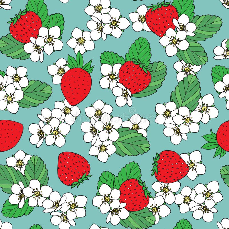 Strawberry Flowers and Leaves Seamless Pattern Design Stock Vector ...