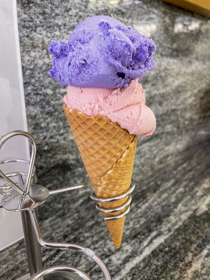 Strawberry Forest Fruit Ice Cream in a Crispy Waffle Stock Photo ...