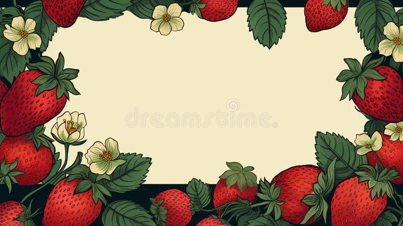 Strawberry Frame with Flowers, Leaves and Berries. Vector Illustration ...