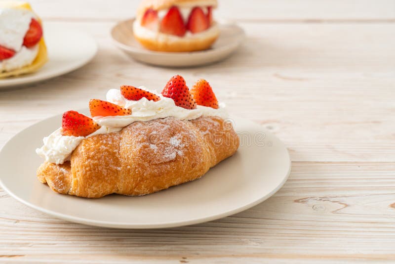 Strawberry Fresh Cream Croissant on Plate Stock Image - Image of ...