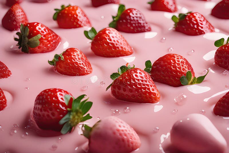 Strawberry Fruit Floating in Strawberry Milk, Yogurt, Smoothie Stock ...