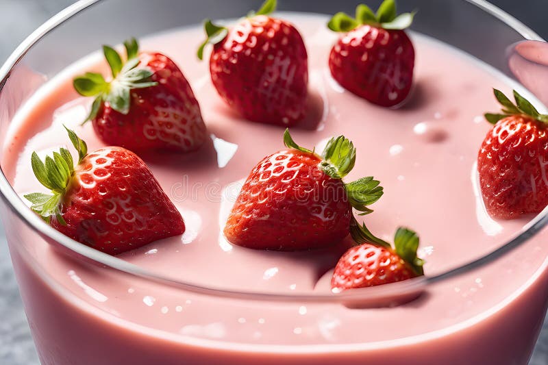 Strawberry Fruit Floating in Strawberry Milk, Yogurt, Smoothie Stock ...