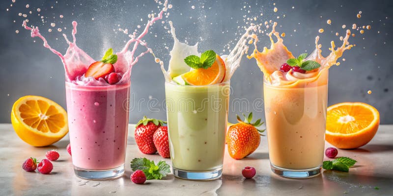 Strawberry, Green, and Orange Smoothies Exploding with Flavor Stock ...