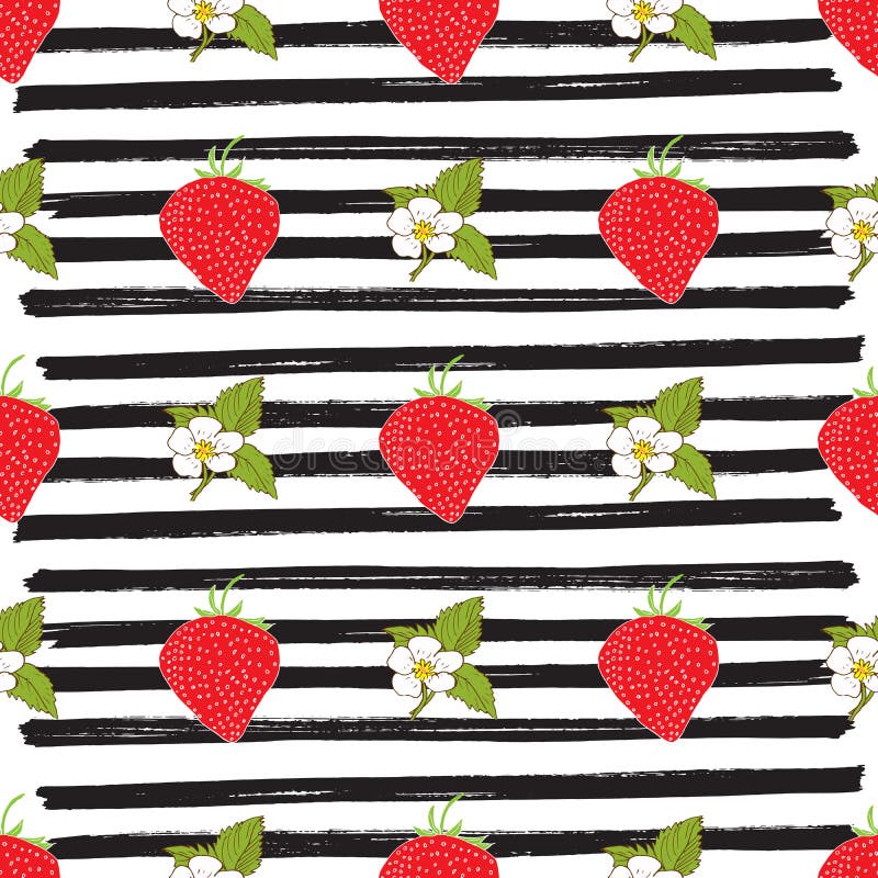 Strawberry Hand Drawn Sketch Striped Seamless Pattern. Vector ...