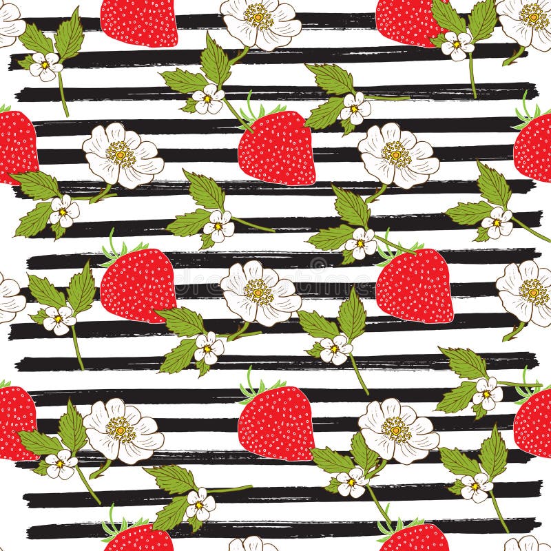 Strawberry Hand Drawn Sketch Striped Seamless Pattern. Vector ...