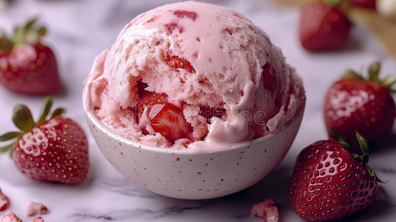 Strawberry Ice Cream Ball with Fresh Strawberry Pieces Inside Stock ...