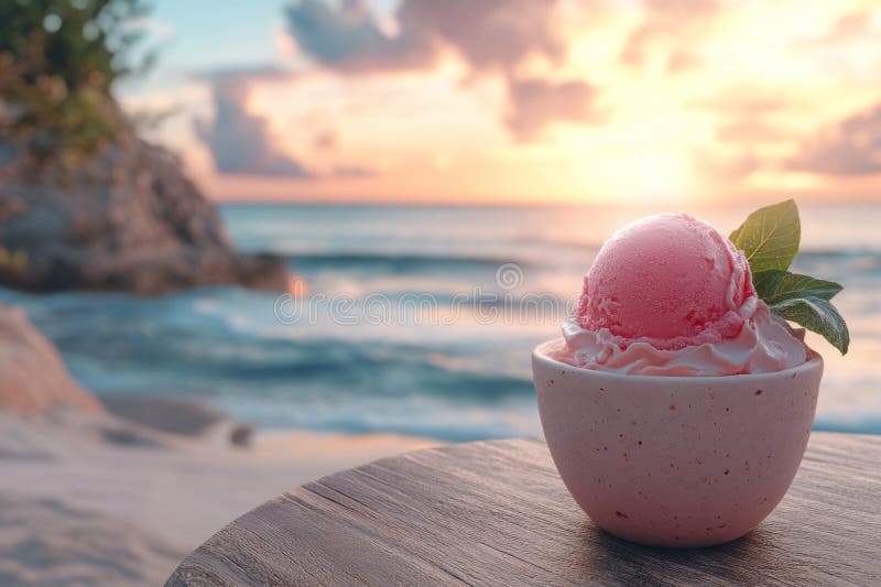 Strawberry Ice Cream in a Bowl by the Ocean at Sunset Stock Image ...