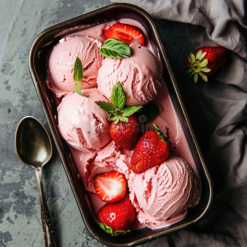 Strawberry Ice Cream in Box with Spoon on Table Stock Photo - Image of ...