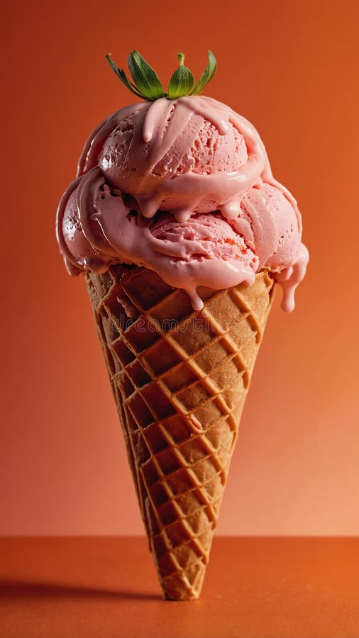 A Strawberry Ice Cream Cone With A Bright Orange Backg Ai Generated