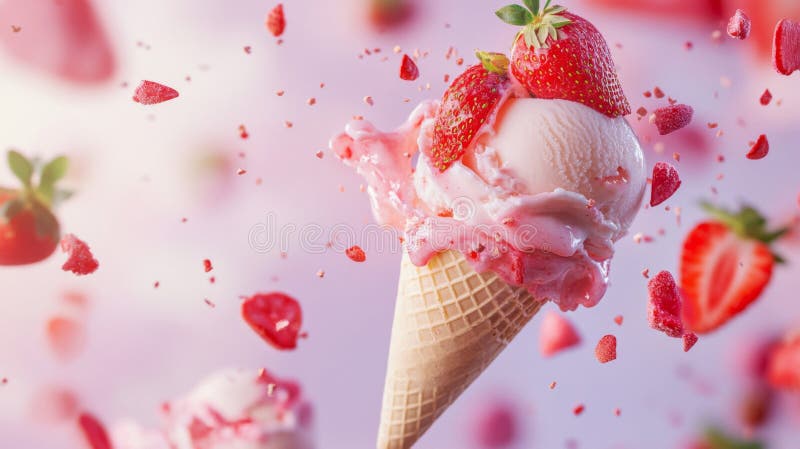 Strawberry Ice Cream Cone with Falling Fruit Stock Illustration ...