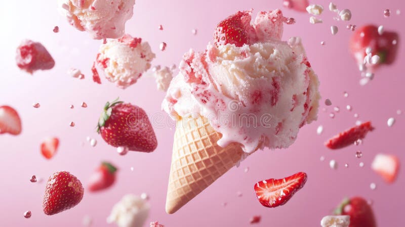 Strawberry Ice Cream Cone with Falling Fruit Stock Illustration ...