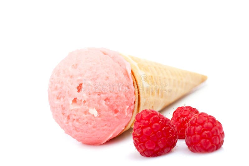 Strawberry Ice Cream Cone with Raspberries Stock Photo - Image of ...
