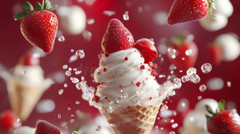 Strawberry Ice Cream Cone Splashing Red Background Stock Illustration ...