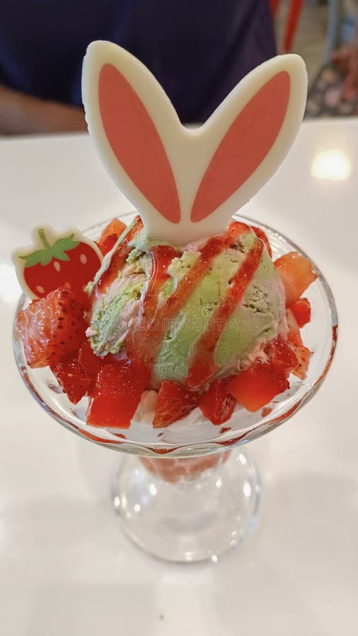 Strawberry Ice Cream / Green Tea Ice Cream with Cute Bunny Ears Stock ...