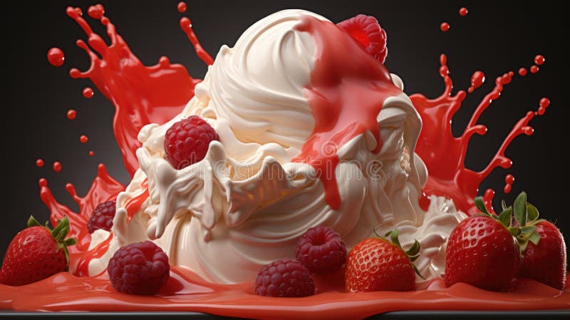 A Strawberry Ice Cream with a Splash of Red Liquid, AI Stock ...