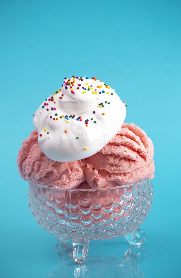 Strawberry Ice Cream Sundae On A Bright Blue Background Stock Image