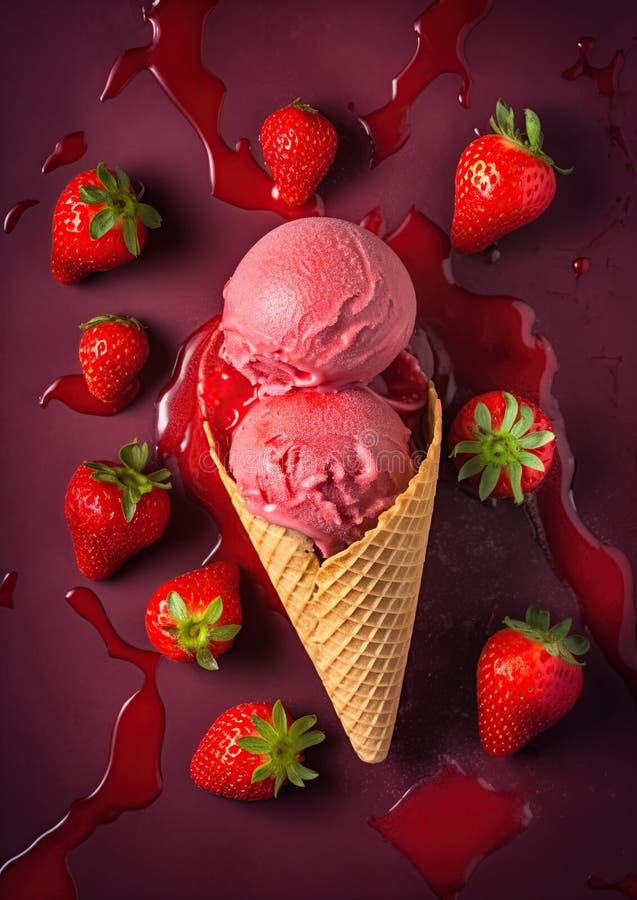 Strawberry Ice Cream in Waffle Comb with Fresh Strawberries. Generative ...