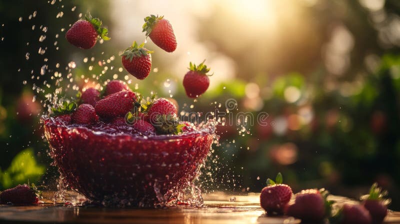 Strawberry Jam in a Jar is Shown with Falling Berries Under the Sun S ...