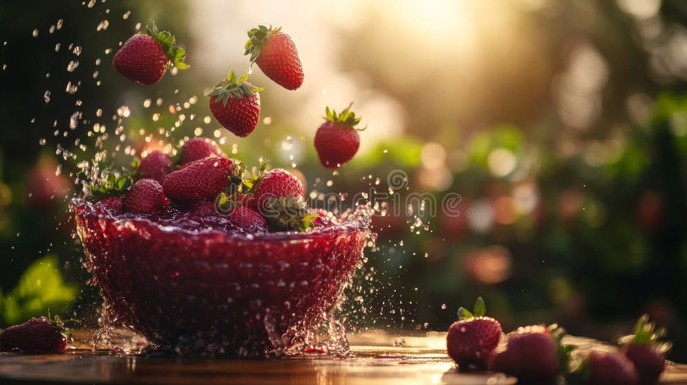 Strawberry Jam in a Jar is Shown with Falling Berries Under the Sun S ...
