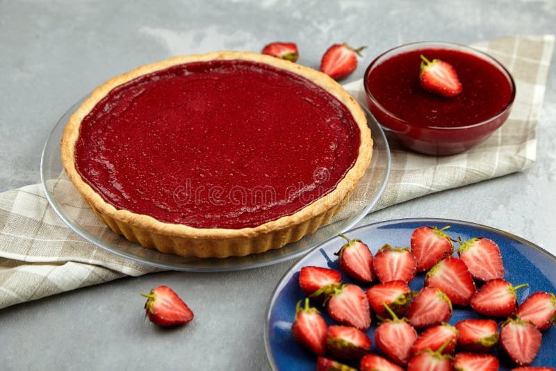 Strawberry Jam Pie with Fresh Berries on Grey Background Stock Photo ...