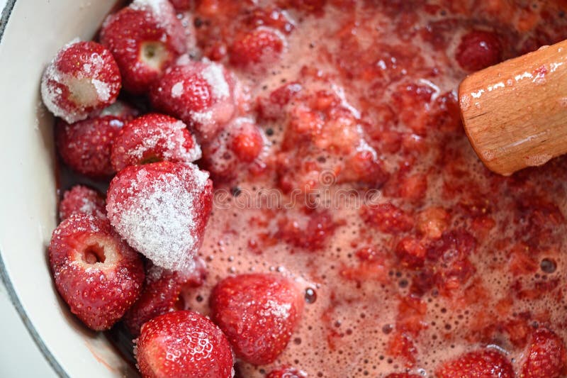 Strawberry Jam in a Pot, Top View. Ingredients for Making Strawberry ...