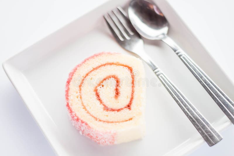 Strawberry Jam Roll Cake with Spoon and Fork Stock Photo - Image of ...