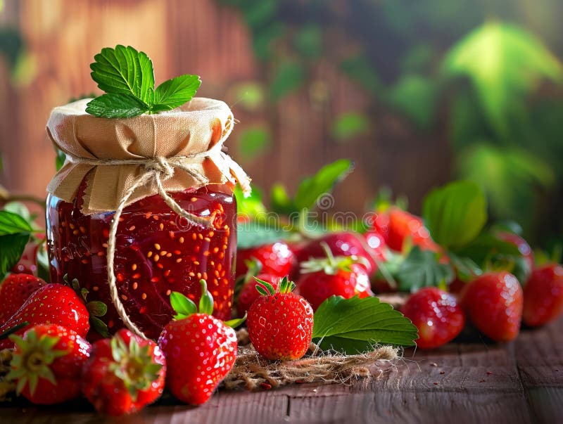 Strawberry Jam on Wooden Table with Green Leaves Stock Photo - Image of ...