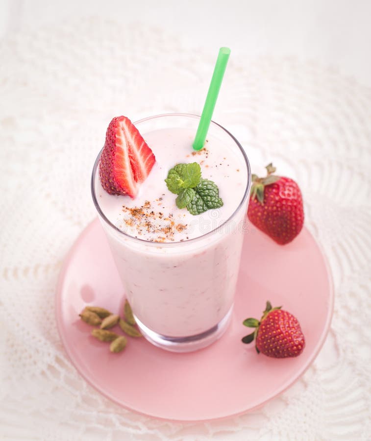 Strawberry lassi above stock image. Image of beverage - 62378551