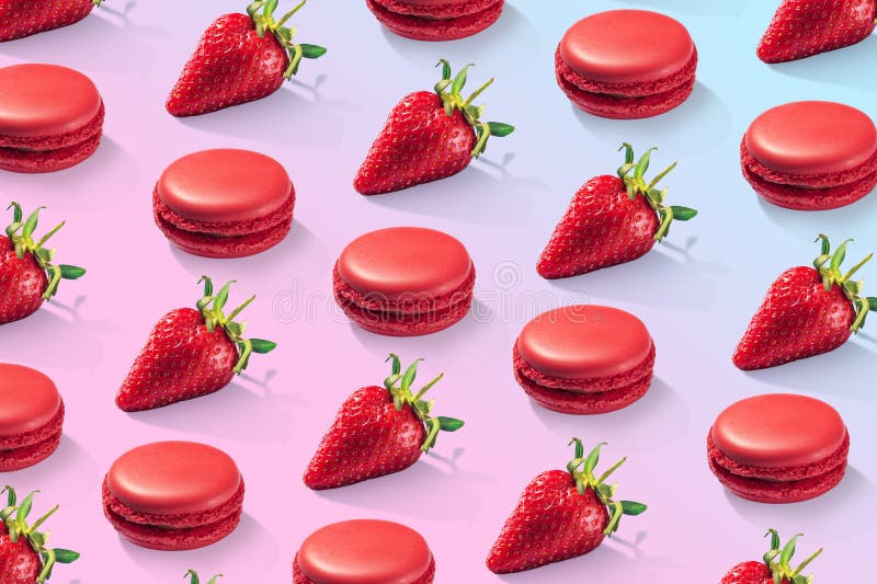 Strawberry Macarons with Strawberries Pattern on Gradient Stock Photo ...